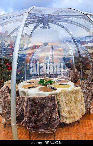 Nancy, Christmas market. Transparent bubble of a restaurant with a ...