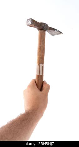 Hand held wooden handle hammer and orange head, isolated white ...
