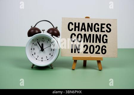 Changes coming in 2026 text on paper card with alarm clock on green background Stock Photo - Alamy