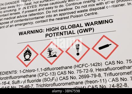 Warning label lists greenhouse gases like HCFC-142b, Hexafluoroethane ...