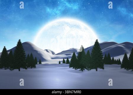full moon shining over snowy forest path in flat design, showing pine ...
