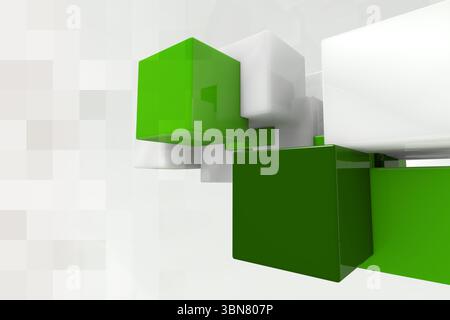 Glossy translucent green and white cubes are floating in 3D white ...