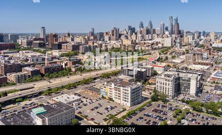 Aerial view of Philadelphia skyline with interstate I-95 highway in ...