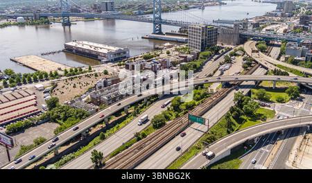 Aerial view of Philadelphia skyline with interstate I-95 highway in ...