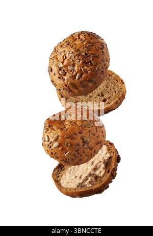 Pieces of bread with fish pate on white wooden table Stock Photo - Alamy