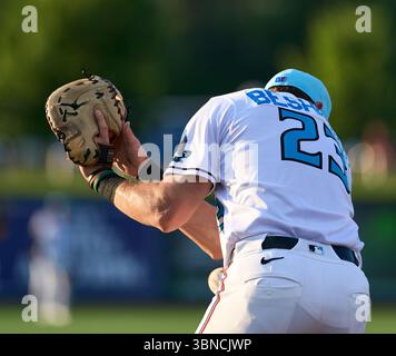 Beloit Sky Carp first baseman Cody Schrier (4) during warmups before an ...