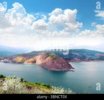 Aerial view of the Charvak reservoir, Tashkent region, Uzbekistan ...