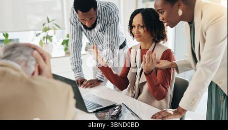 Team of business men and women confuse and wonder about question ...