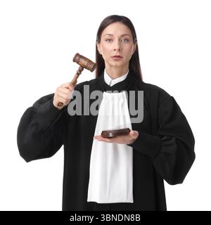 Judge with mallet and sound block on light blue background Stock Photo ...