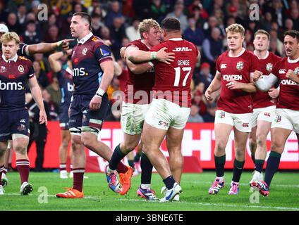 Jac Morgan of the British & Irish Lions is tackled by defenders during ...