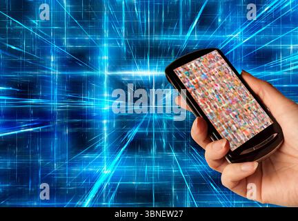 hand holding a smartphone with many people pictures on the screen ...