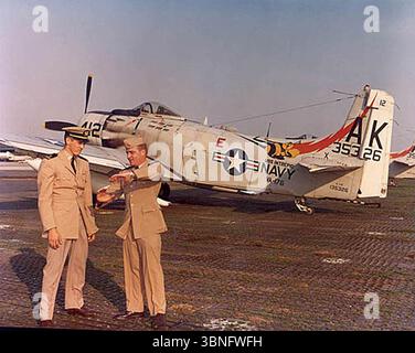 Douglas A-1H Skyraider of VA-176 is launched from USS Shangri-La (CVA ...