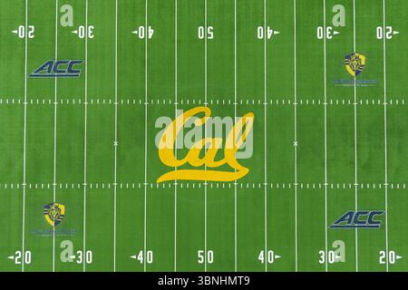 The California Golden Bears and ACC logos on the football field at ...