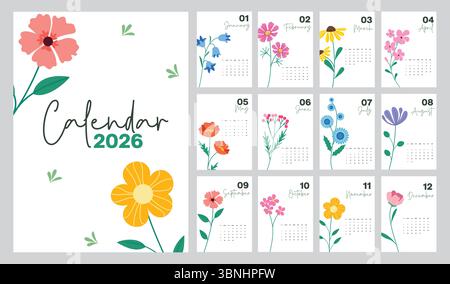 Calendar 2026 flowers template clipart set. Collection of 2026 monthly ...