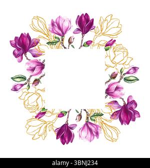 Magnolia branch frame, template with white flowers. Watercolor hand ...