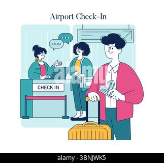 Passengers at check-in counter with service staffs illustration Stock ...