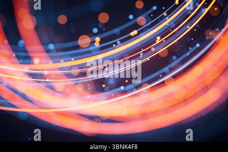 Rotating glowing vortex lines and particles background, 3d rendering ...