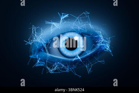 An eye in the dark with vfx particles, 3d rendering. 3D illustration ...