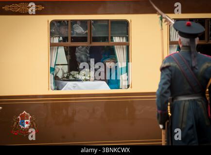 Her Majesty the Queen Queen Elizabeth II sitting on the Royal train in ...