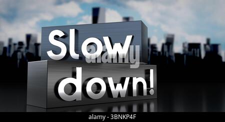 Slow down - metal cuboid and skyscrapers - 3D illustration Stock Photo ...