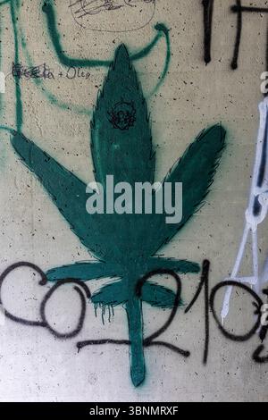 Graffiti on a wall, wallpaper, cannabis leaf Stock Photo - Alamy