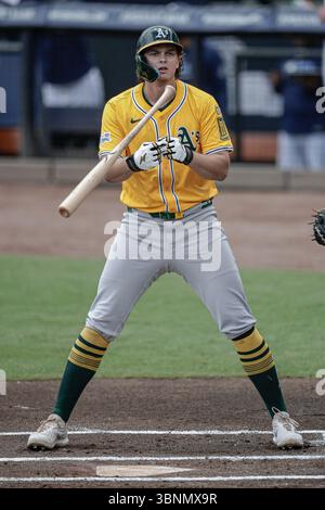 Nick Kurtz #16 of the Athletics at bat during a game against the Los ...