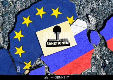 Sanction sign on a cracked Russian flag. Sanctions economic and ...