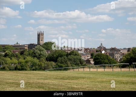 Warwick town centre seen from the racecourse, Warwickshire, England, UK ...