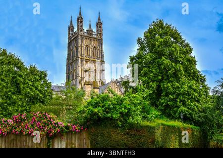 Gloucester Cathedral tower rising above the town Stock Photo - Alamy
