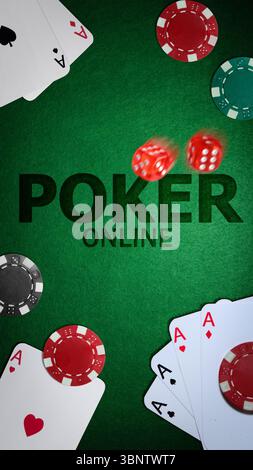 playing cards poker dice and phone on green blue cloth panorama Stock ...