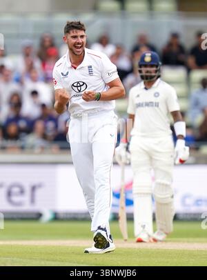 England's Josh Tongue celebrates the wicket of India's Karun Nair (not ...