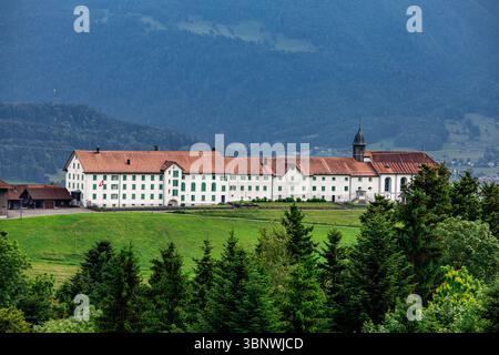 Lush green hills and dense forests under an overcast sky. Santander ...