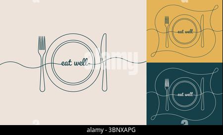 Eat well continuous line plate and cutlery logo Stock Vector Image ...