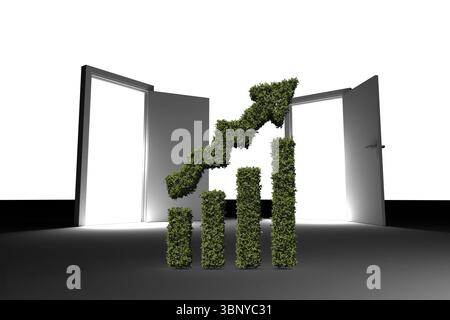 Topiary of graph with doors on floor against white background Stock ...