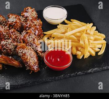 Baked chicken wings with French fries on wooden table Stock Photo - Alamy