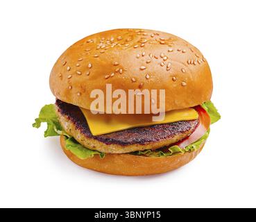 Appetizing fresh burger with melted cheese on black background Stock ...