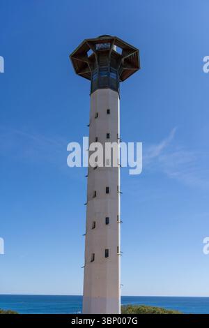 A tall observation tower stands in the shade of trees in an ...