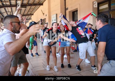 Fans of Marko Perkovic Thompson are seen in Sinj, Croatia on August 04 ...