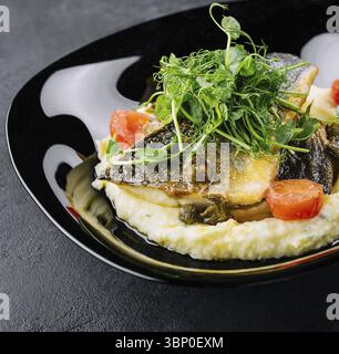 food still-life, Fried norwegian skrei cod fish filet with mashed ...
