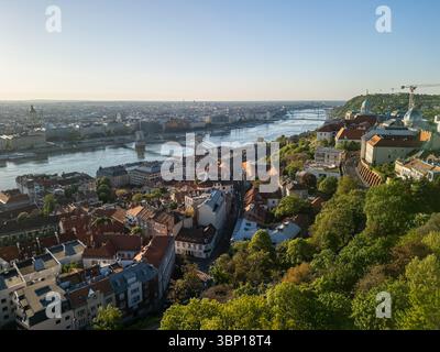 Aerial drone shot of Chain bridge over Danube from Buda hill in ...