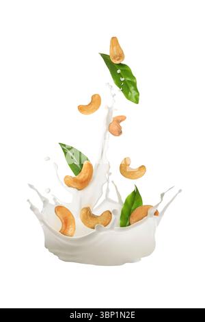 Milk nut splash, cashews and green leaves against white background ...