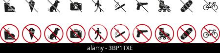 Prohibited Activities And Items Icon Set. No Food, Pets, Photography ...