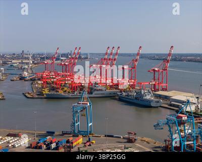 Aerial image of the Liverpool port facility with large cranes and ...
