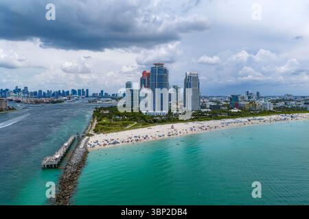 Aerial night view of Miami coastline. Twilight skyline above the Miami ...