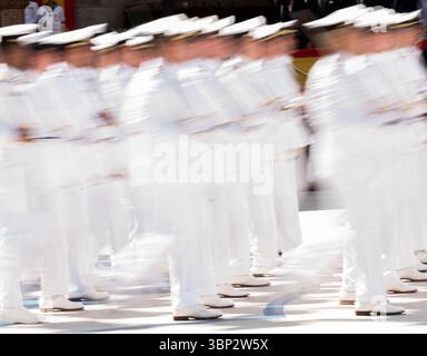 Marin, Spain. Jul 16th, 2024. Sailors defilading with their regulation ...