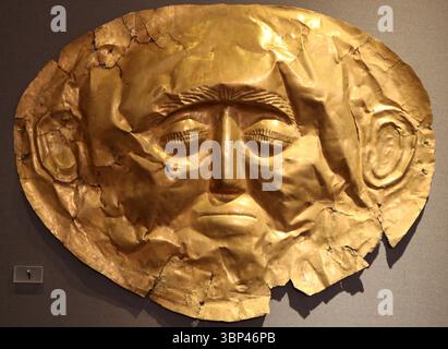 The Mask of Agamemnon is a gold funerary mask discovered at the Bronze ...