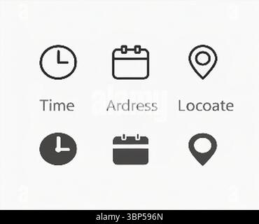 Time, date, and address icon set. Event calendar reminder clock business schedule signs ...