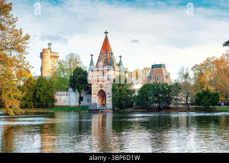 Autumn Laxenburg park with medieval Franzensburg castle in distance ...