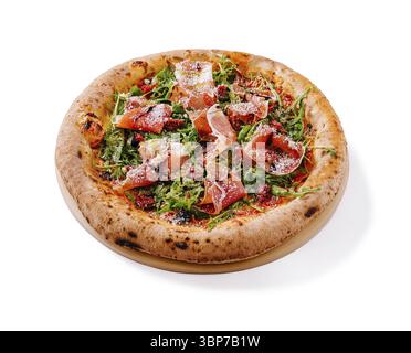 Italian handmade fresh pizza on wooden table high angle view Stock ...