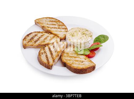 Appetizing slice of bread with creamy cheese spread on rustic wooden ...